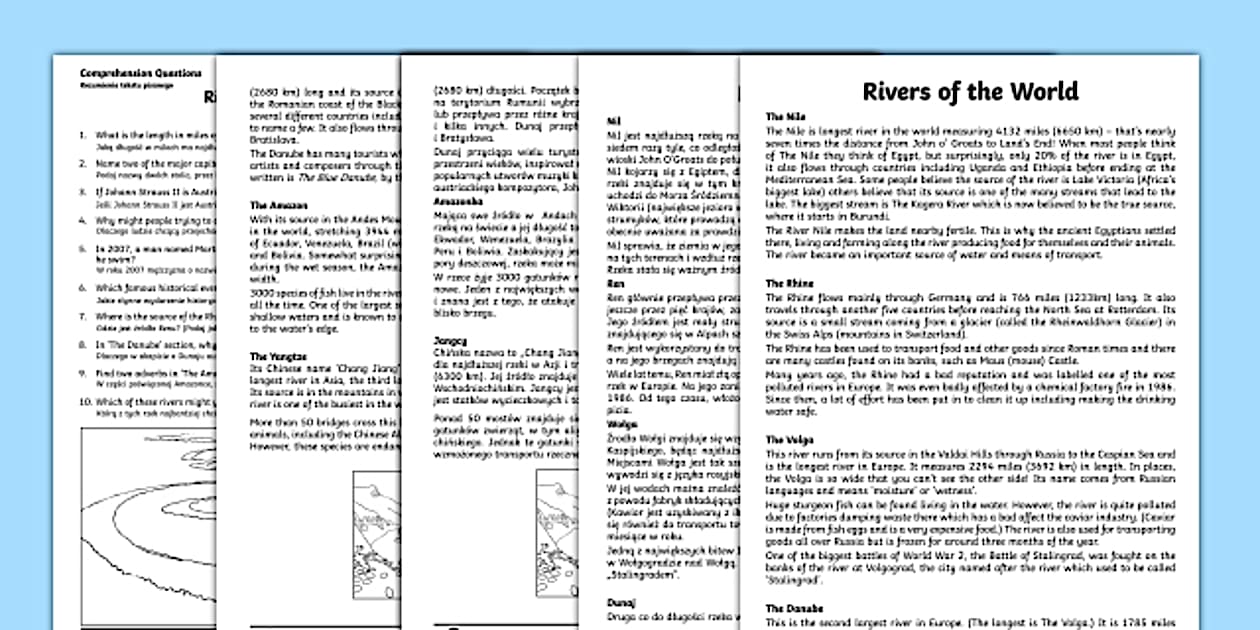 Lower Ability Rivers Of The World Comprehension Worksheets English/Polish
