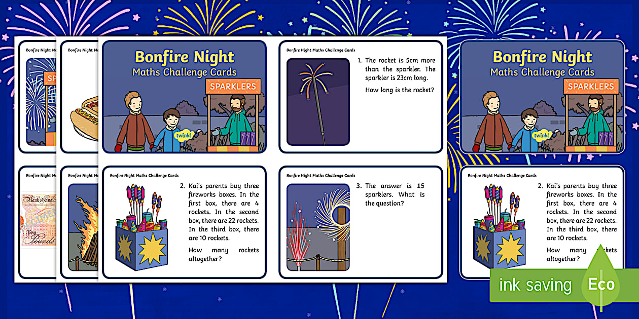 Bonfire Night Maths Challenge Cards - PS1 - CfW - Twinkl