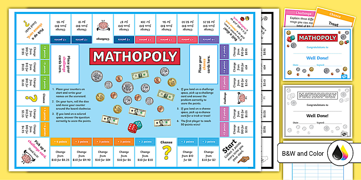 Making Change From $10 Mathopoly Board Game (teacher made)