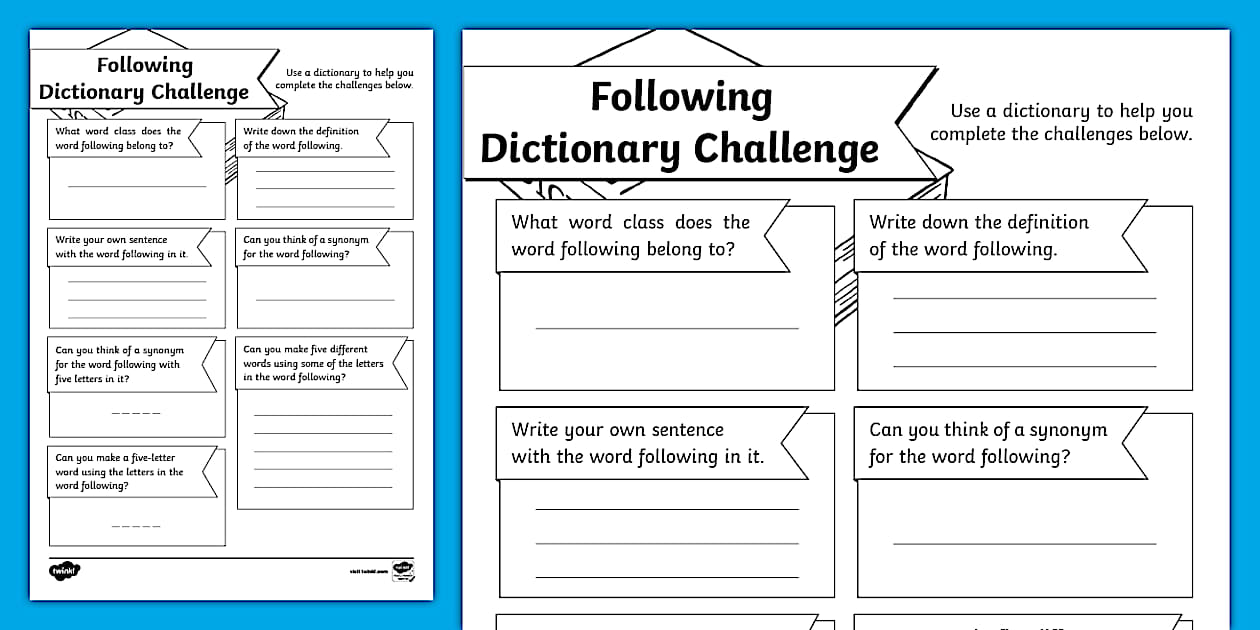 Following (5 Letters) Dictionary Challenge Activity - Twinkl