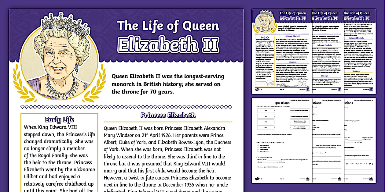 The Life of Queen Elizabeth Reading Comprehension - Twinkl