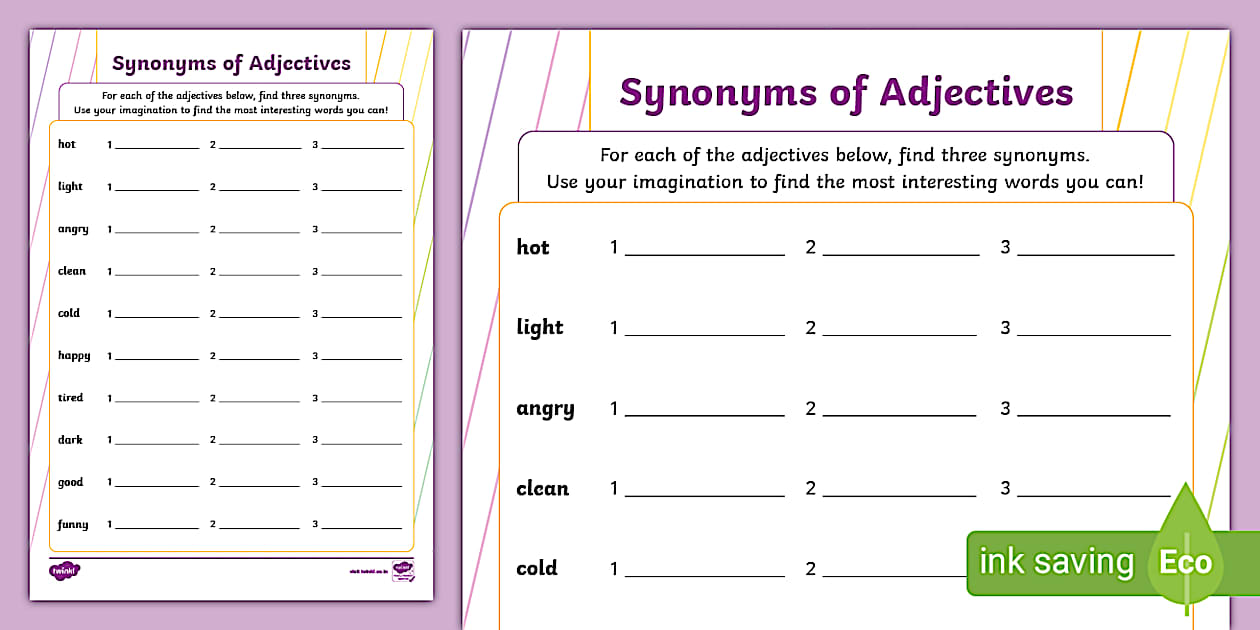Synonyms of Adjectives Worksheet (professor feito) - Twinkl