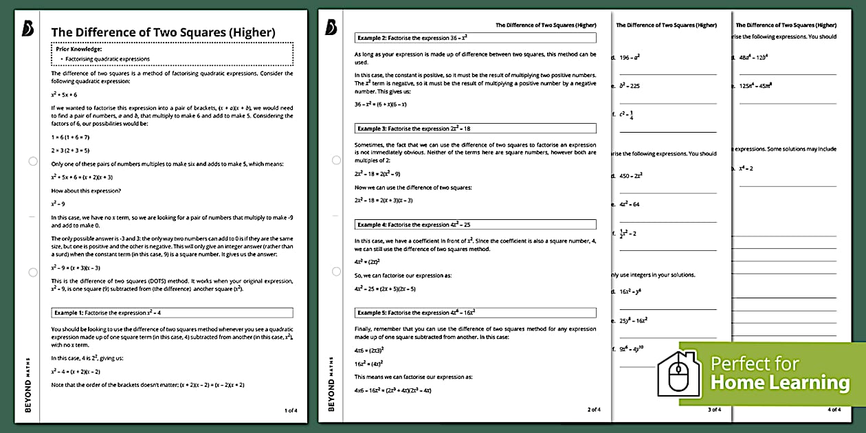 👉 The Difference of Two Squares Higher Walkthrough Worksheet