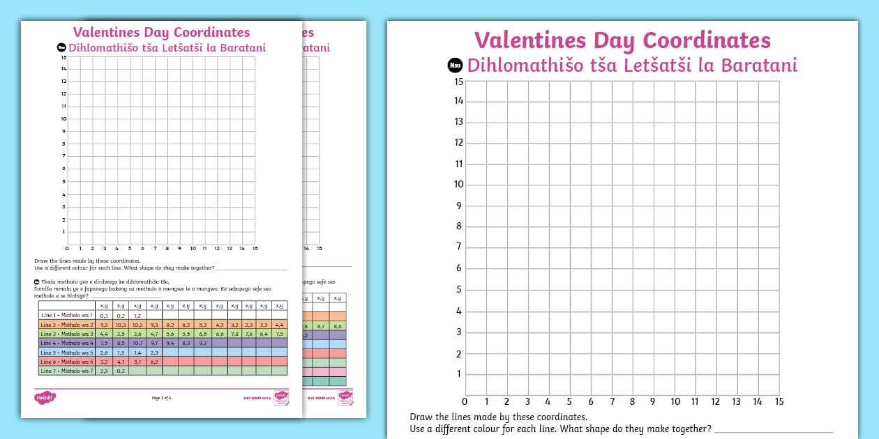 Valentines Day Coordinates Worksheets English/Sepedi