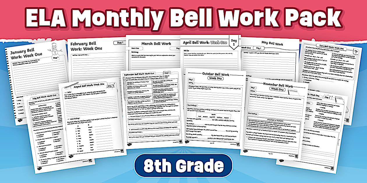Eighth Grade ELA Monthly Bell Work Bundle Resource Pack