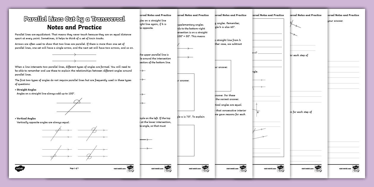 Eighth Grade Parallel Lines Cut by a Transversal Notes and Practice ...