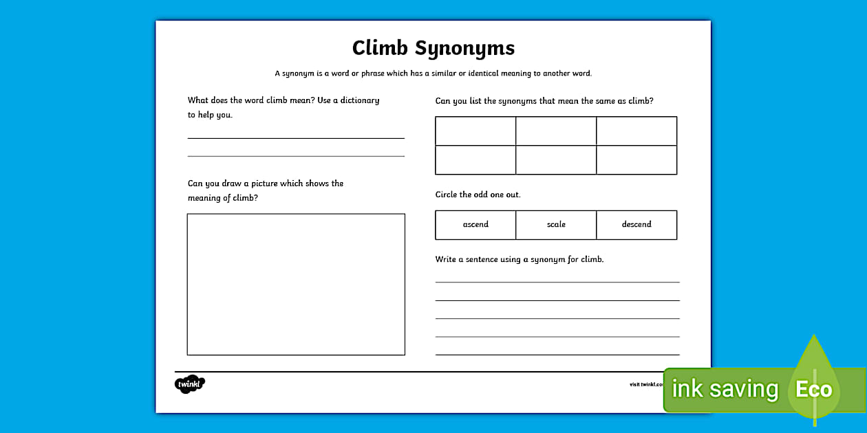 Climb Synonyms Worksheet (Teacher-Made) - Twinkl