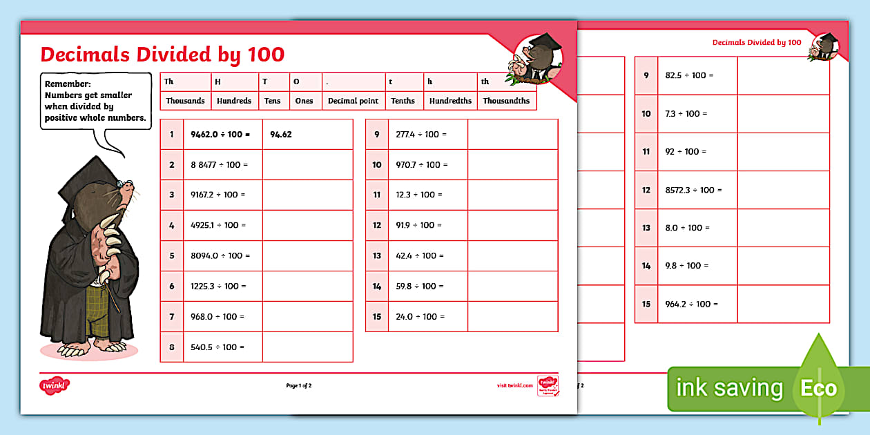 Decimals Divided by 100 (teacher made) - Twinkl
