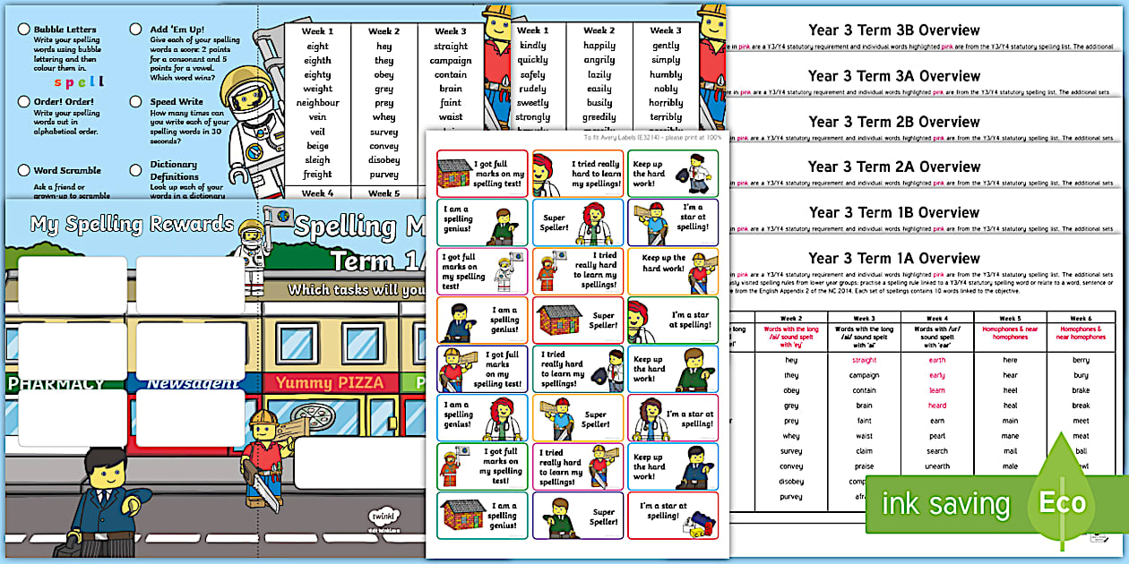 Editable Year 3 Building Brick Themed Spelling Menu Pack