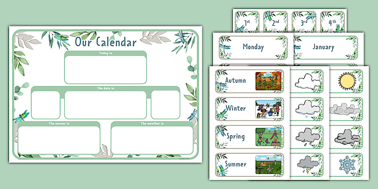 Kindergarten Dragonfly-Themed Daily Calendar and Weather Chart