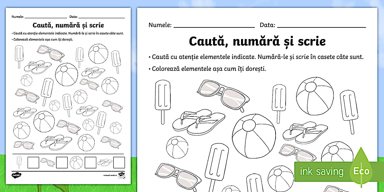 Caută, numără și scrie numerele 0-10 - Fișă cu tema „Vara”