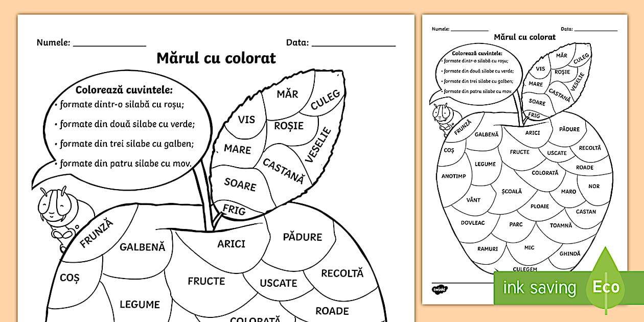 Colorează mărul după numărul de silabe - Twinkl