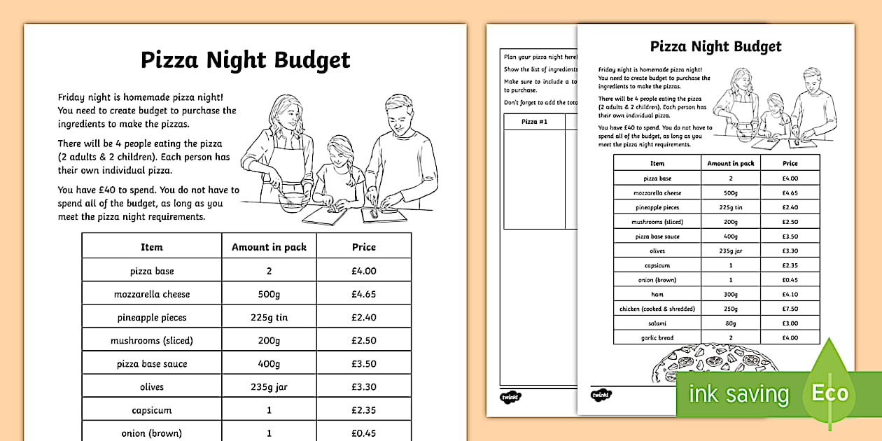 Cursive Pizza Night Budget Worksheets (teacher made)