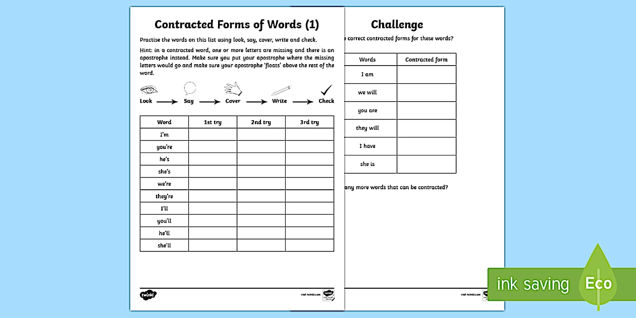 Contracted Forms of Words Spelling Practice (Ages 6 - 7)