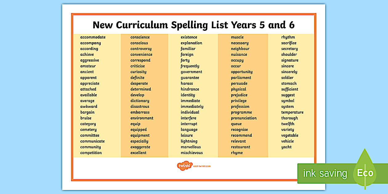 Year 5 Spelling List - Year 5 & 6 Spelling Words