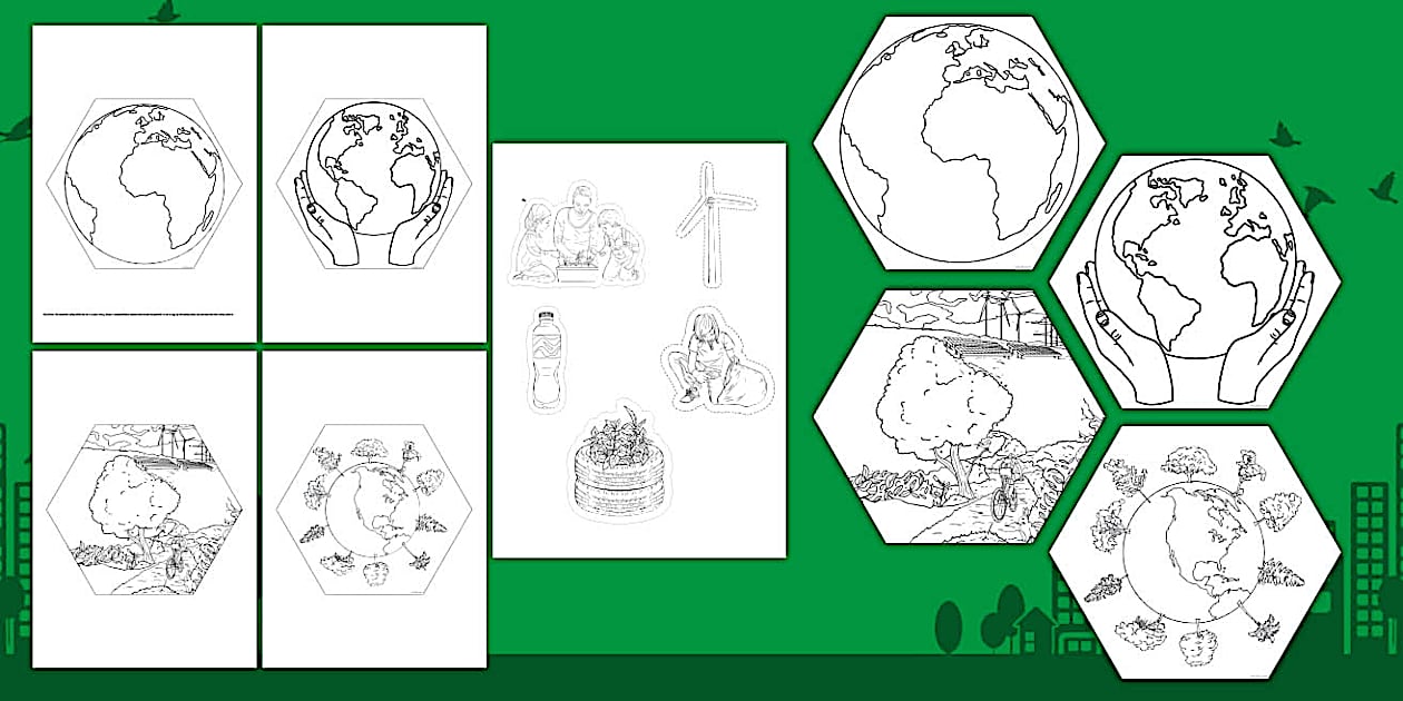 Earth Day Hexagon Display Colouring Activity - Twinkl
