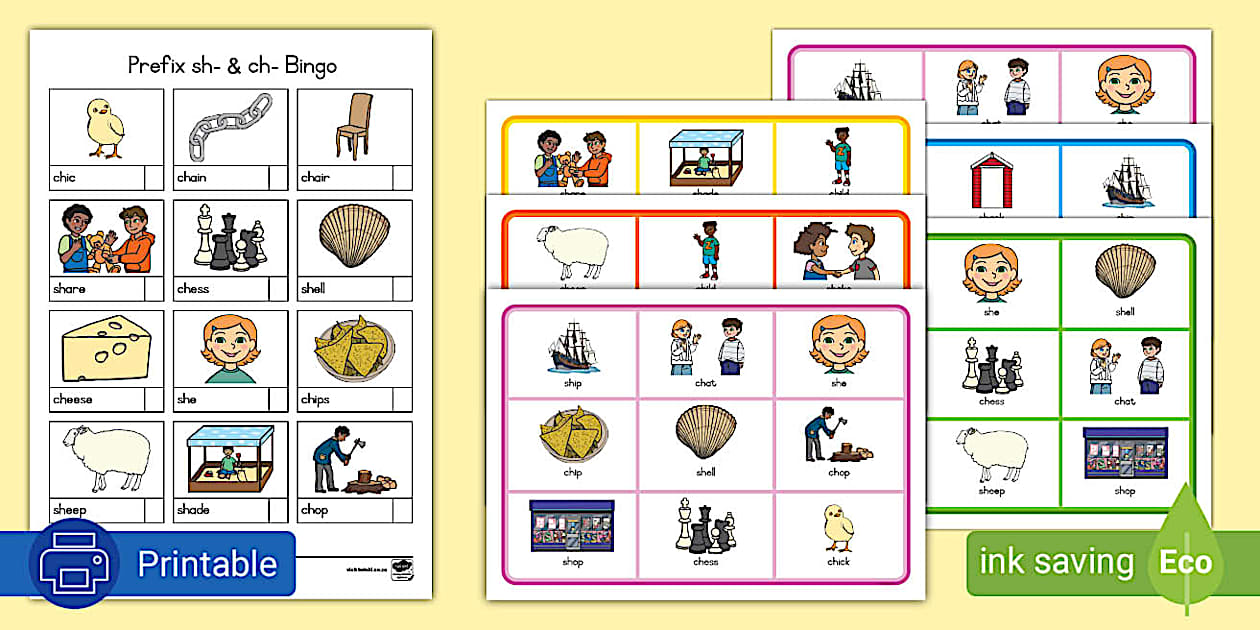 Grade 2 Phonics: sh- & ch-: Bingo Game (teacher made)