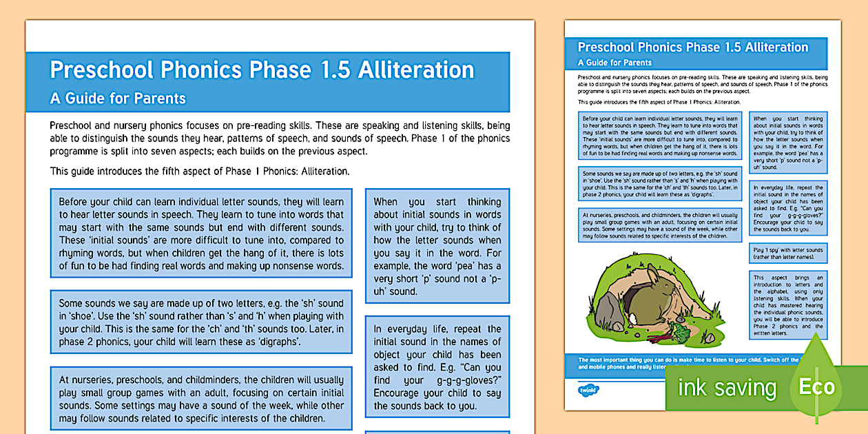 Preschool Phonics Phase 1.5 Alliteration Guide for Parents