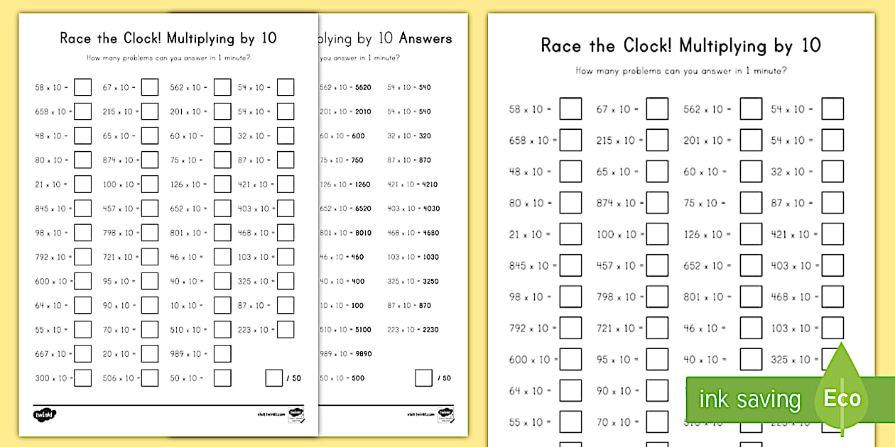 Race the Clock: Multiplying by 10 Worksheet / Worksheet