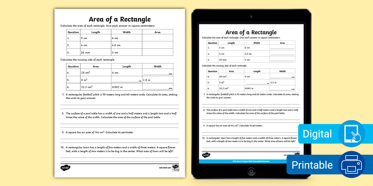 Seventh Grade Area of a Rectangle Practice Worksheet