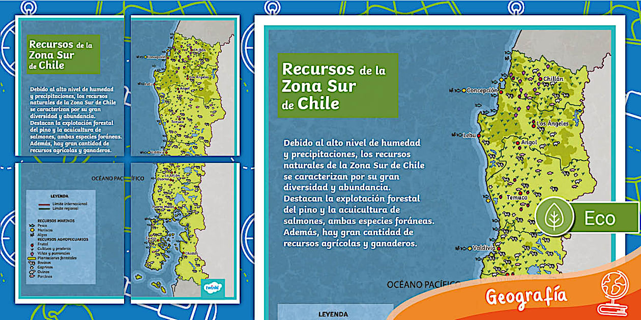 Póster XL: mapa zona sur de Chile para niños sobre recursos
