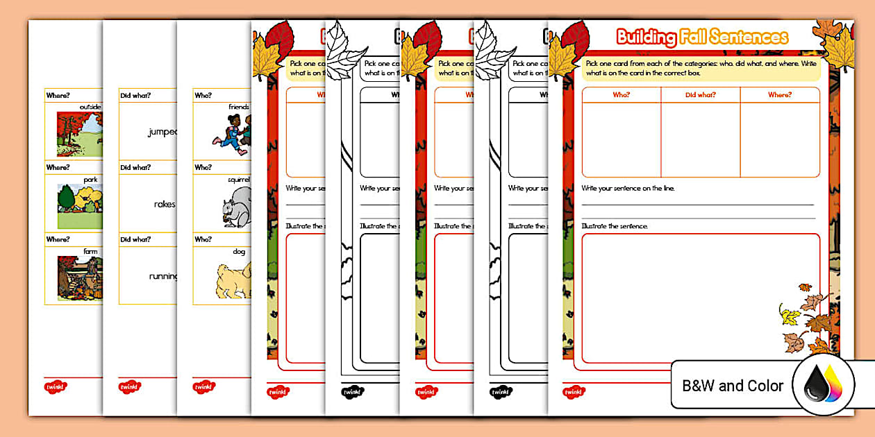 First Grade Building Fall Sentences Worksheet (teacher made)