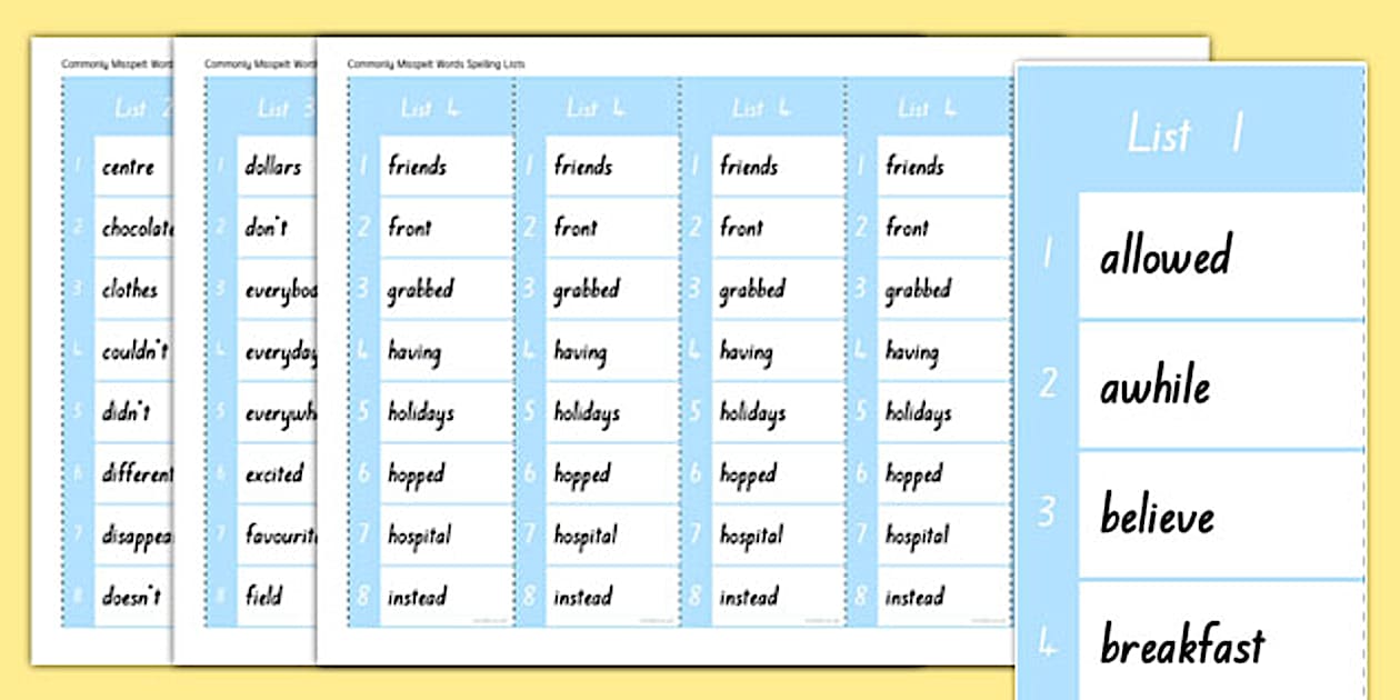 Black and White New Zealand Commonly Misspelt Words Spelling Lists
