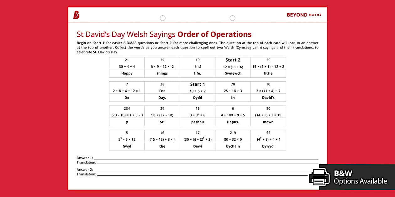 👉 St David's Day Welsh Sayings KS3 BIDMAS Questions | Maths