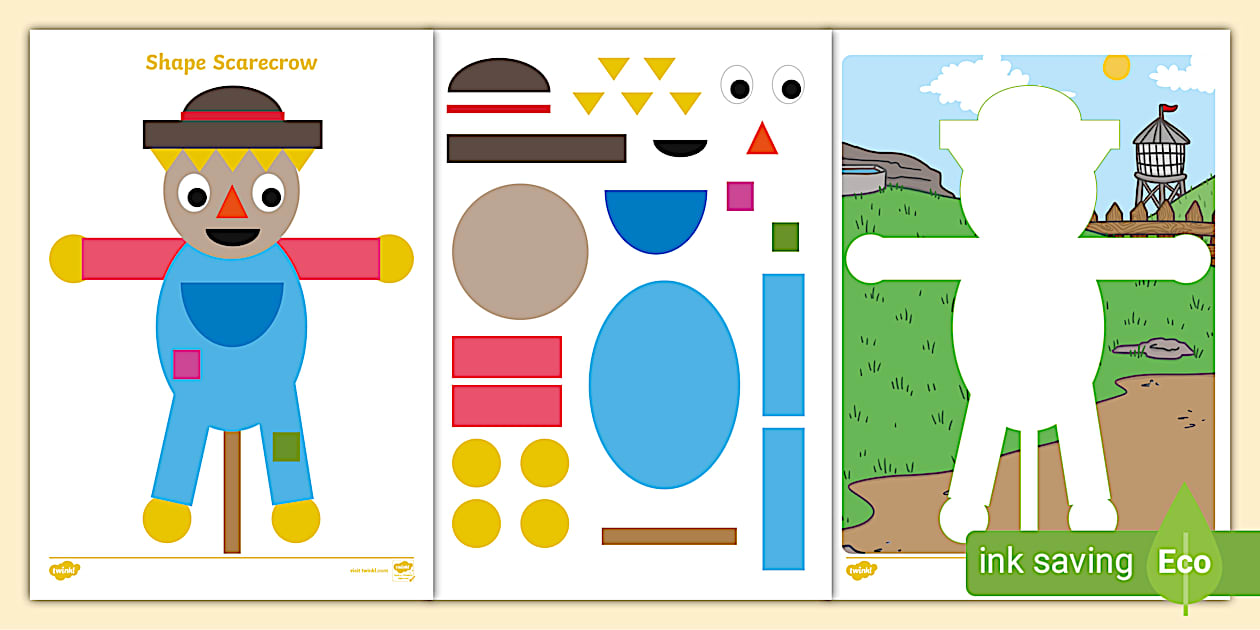 2D Shape Scarecrow Cutting Skills Activity Sheets - Twinkl