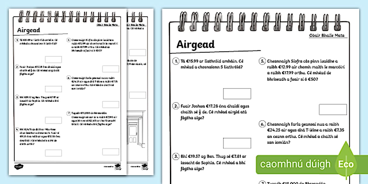 Maths Homework – Money Gaeilge (Teacher-Made) - Twinkl