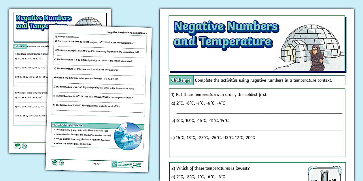 Negative Numbers and Temperature Activity Sheet - Twinkl