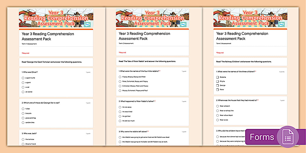 Year 3 Reading Comprehension Google Forms Assessment Pack