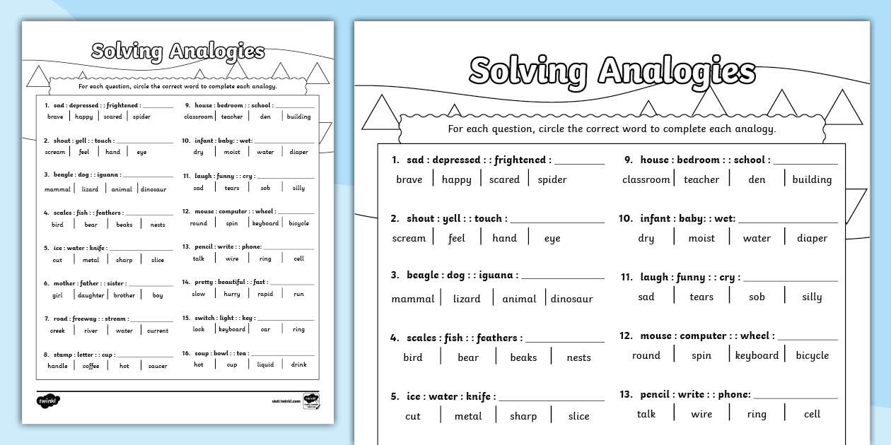Solving Analogies Worksheet for 6th-8th Grade (teacher made)