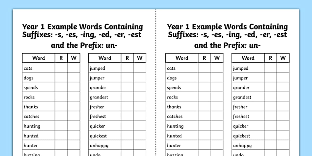 Year 1 Example Suffix and Prefix Words Assessment - Twinkl