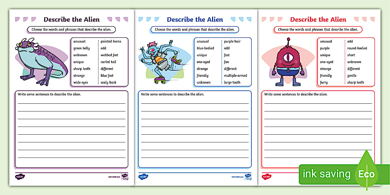 Describe the Alien Writing Activity Sheets | World UFO Day