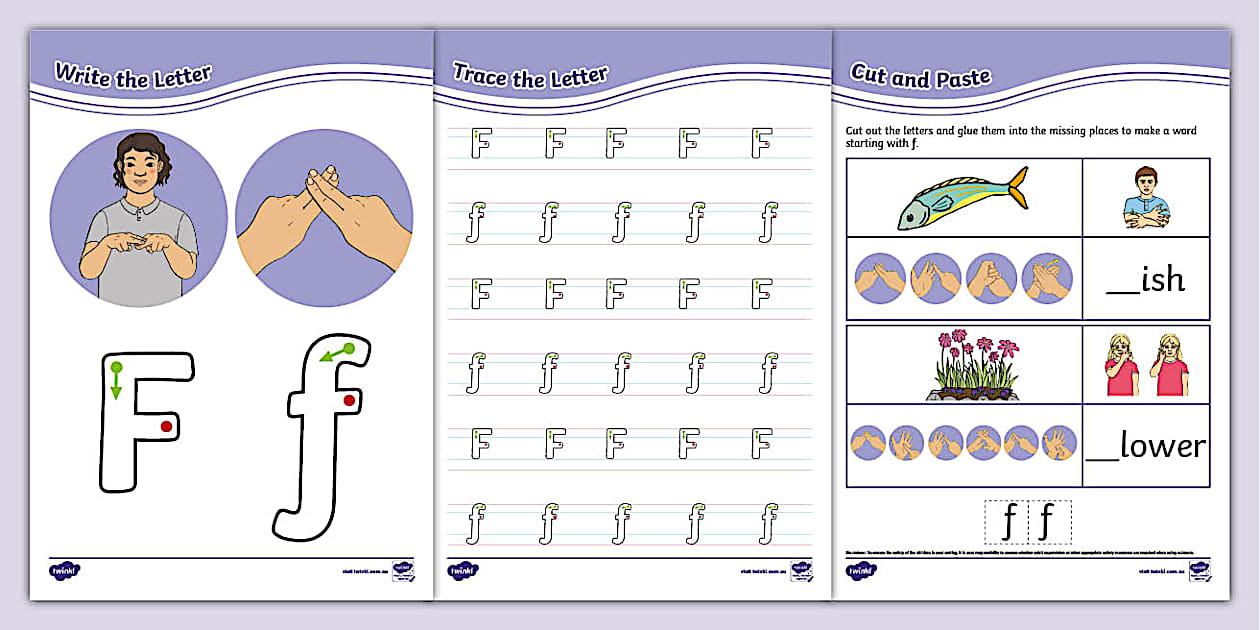 Letter F Handwriting Worksheets with Auslan (teacher made)