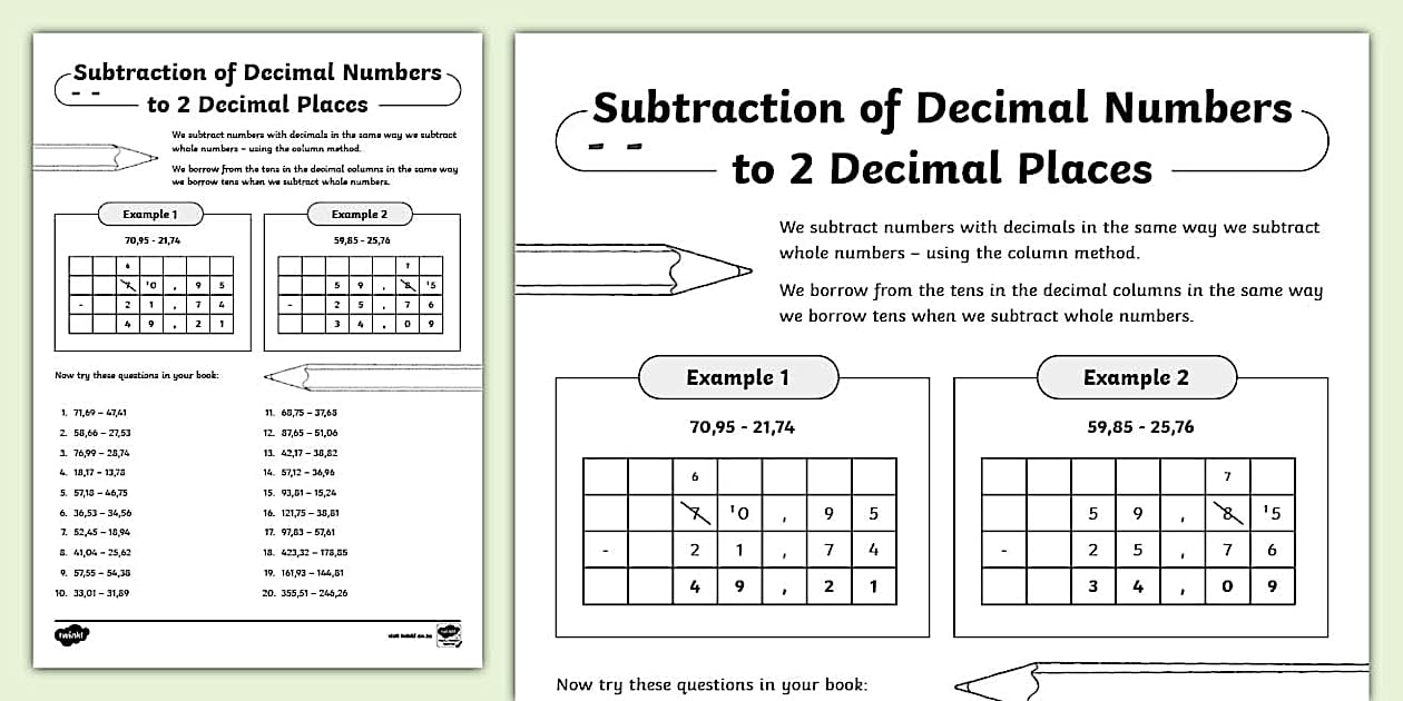 Subtraction of Decimal Numbers to 2 Decimal Places Activity Sheet