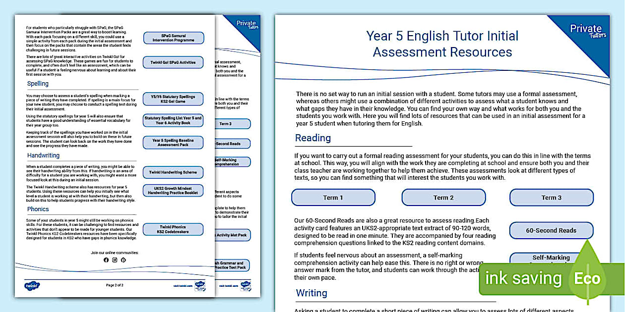 Year 5 English Tutor Initial Assessment Resources - Twinkl
