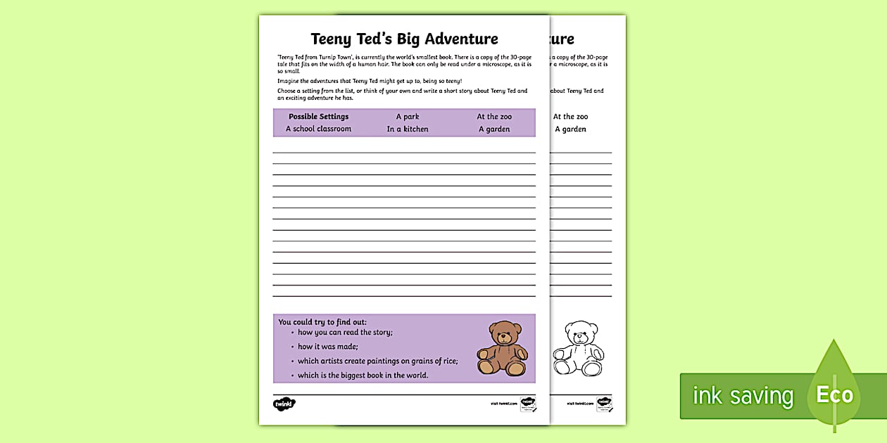 Black and White Teeny Ted's Big Adventure Writing Worksheet