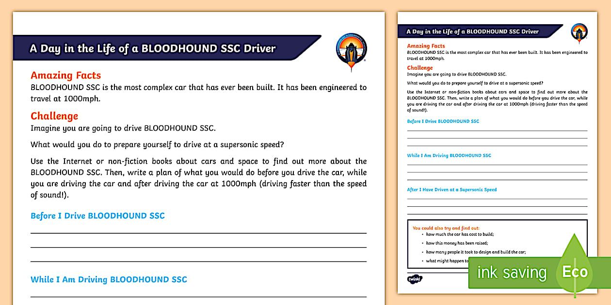 'A Day in the Life of a BLOODHOUND SSC Driver' Writing Worksheet