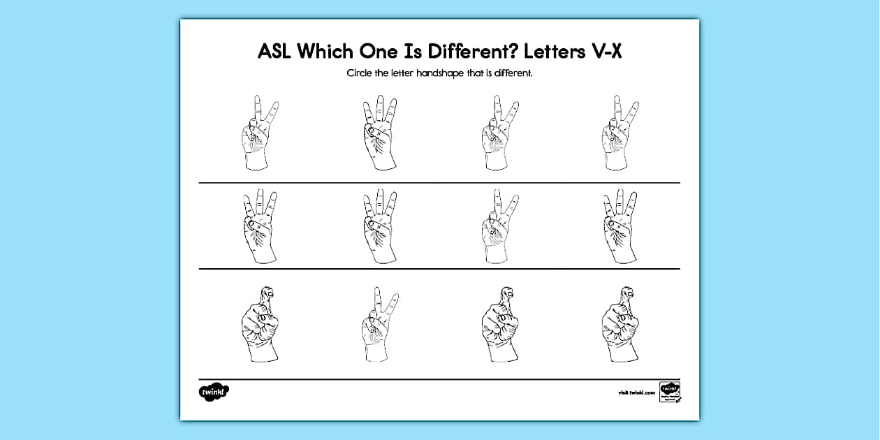 ASL Which One Is Different Letters V-X Worksheet - Twinkl