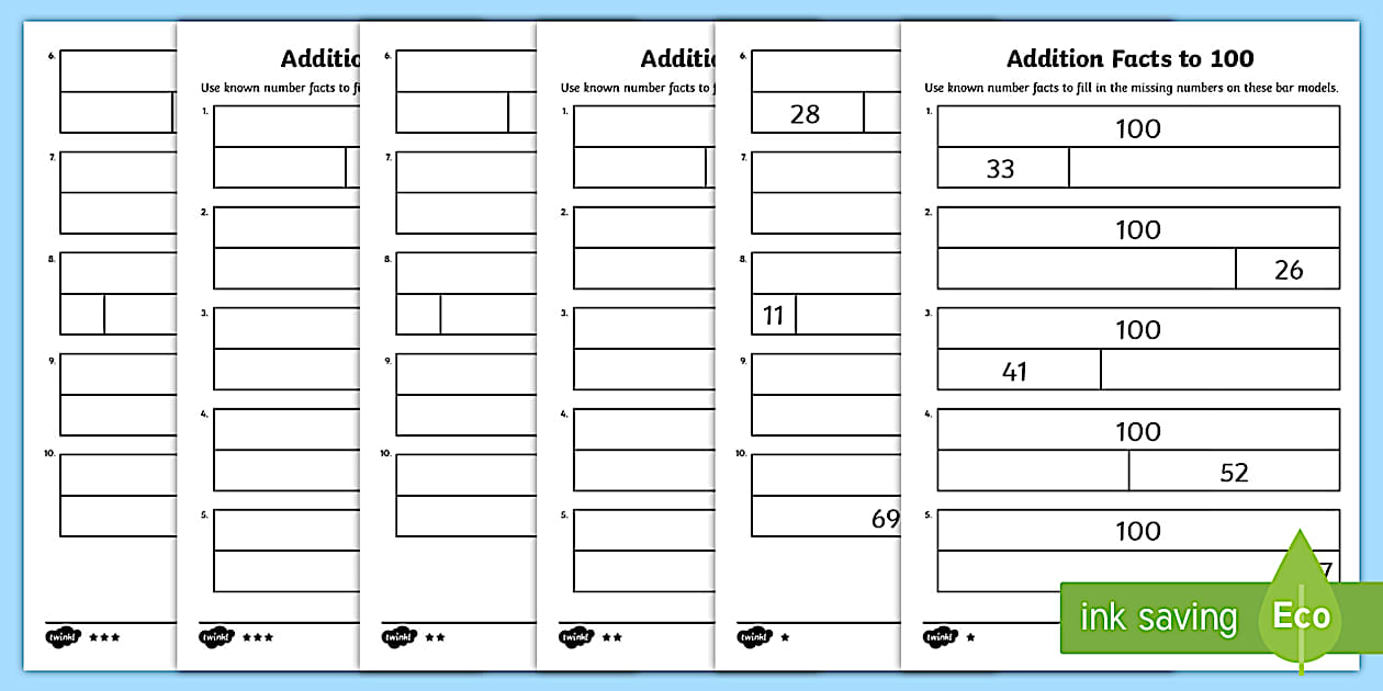 SA Addition Facts to 100 Worksheets (teacher made) - Twinkl