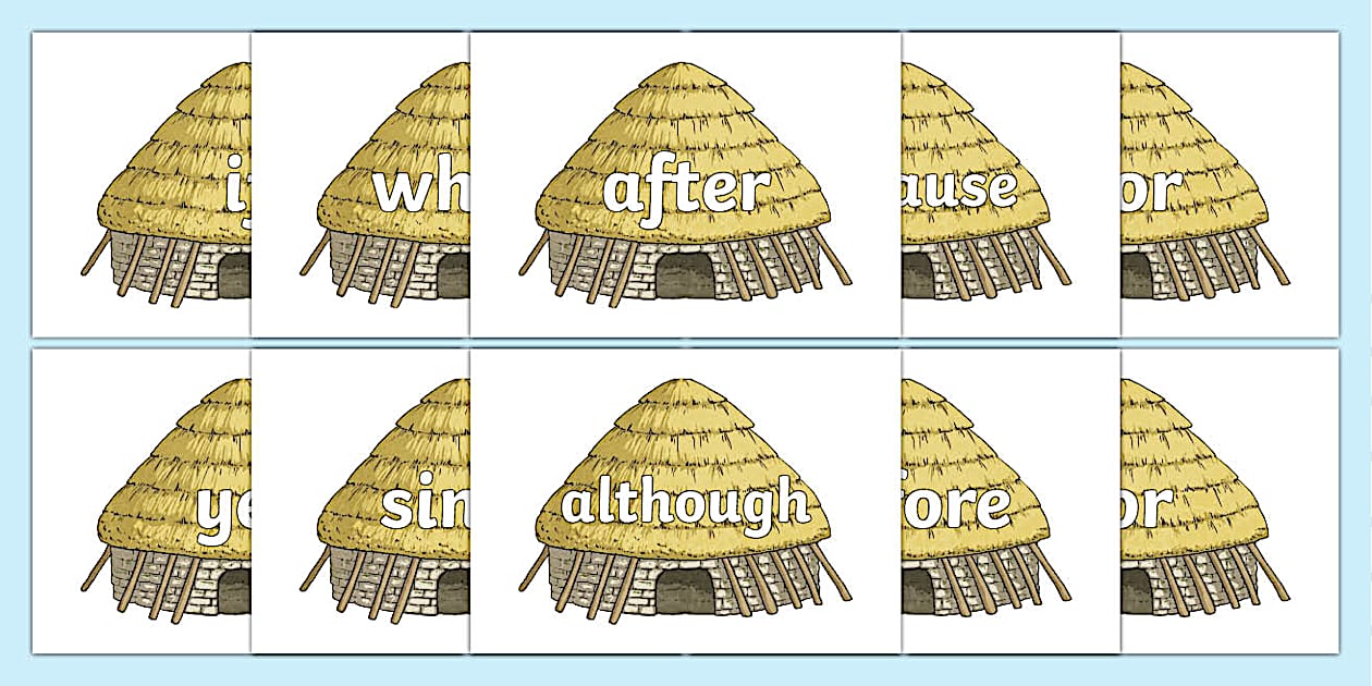 KS2 Conjunctions on Stone Age Huts Display Posters Pack