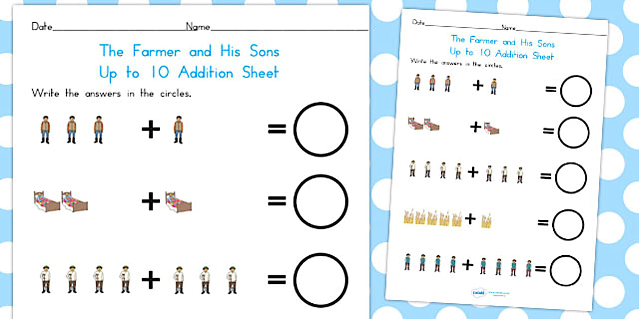 The Farmer and His Sons up to 10 Addition Sheet - Twinkl