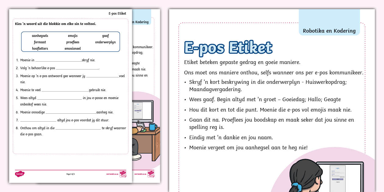 Graad 2 Kodering en Robotika: E-pos Etiket Aktiwiteitskaart