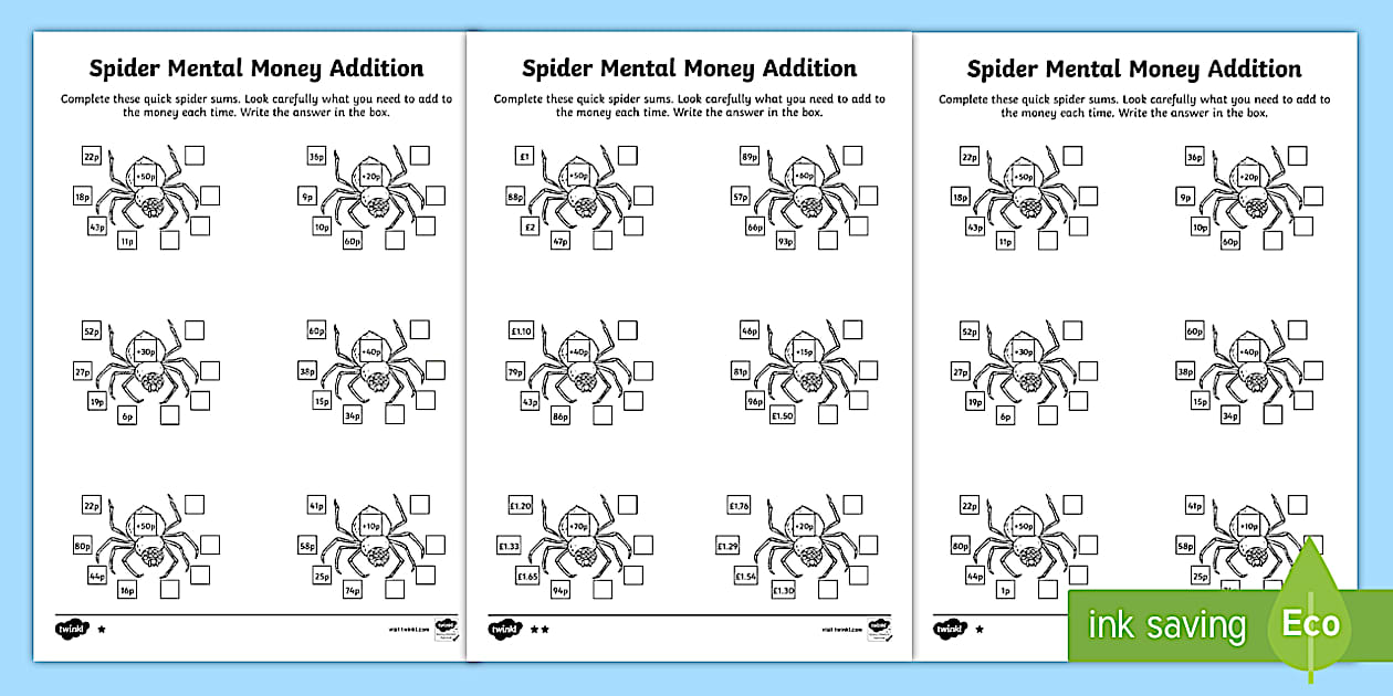 Editable Spider Mental Money Addition Differentiated Worksheets