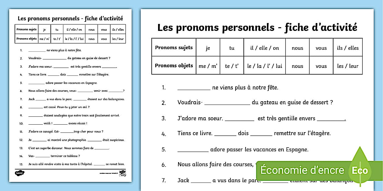 Les pronoms personnels - fiche d'activité (teacher made)