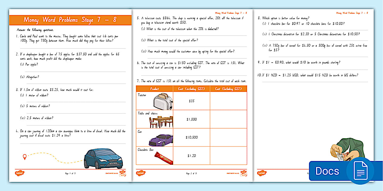 Stage 7-8 (Phase 3) Money Word Problems Worksheet - Twinkl