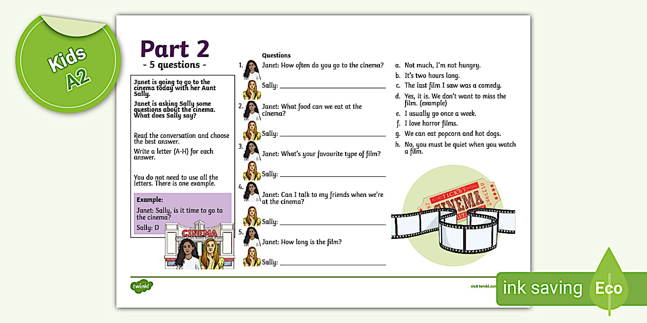 ESL YLE Flyers Reading Part 2 Activity Sheet (Cinema) [Kids, A2]