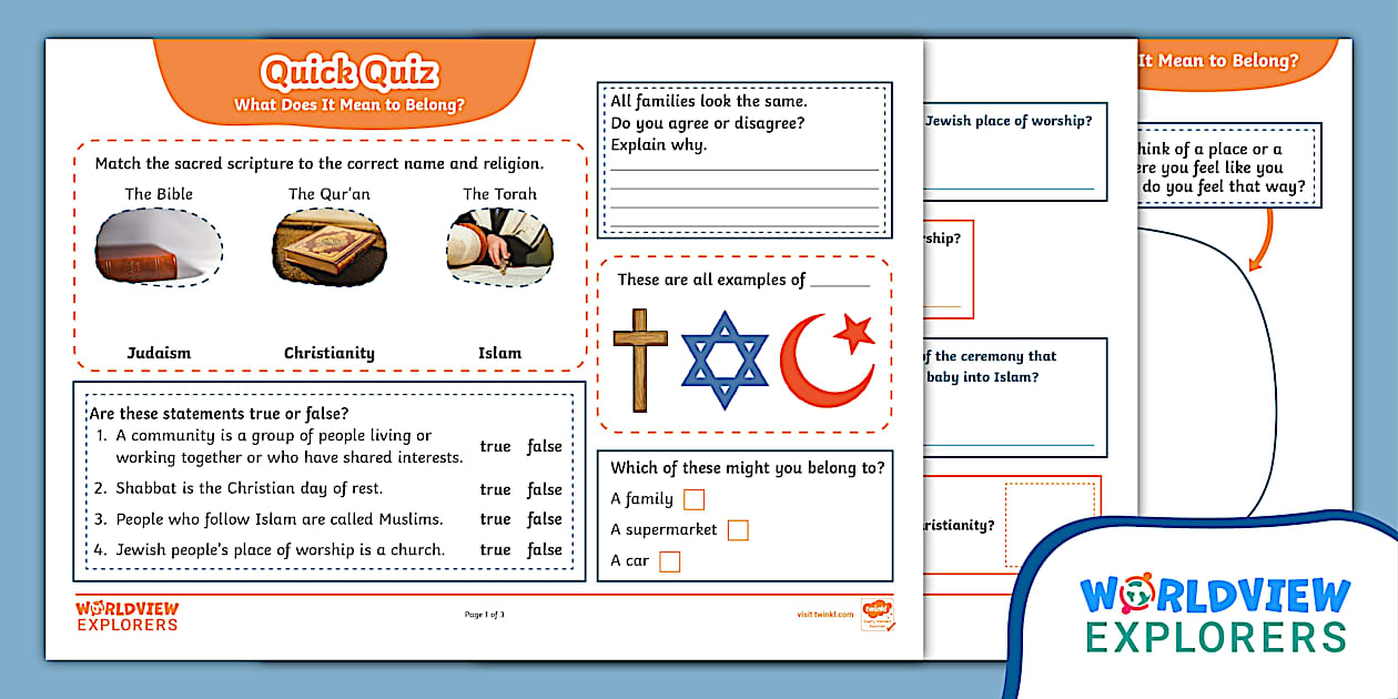 RE: Belonging: KS1 Quick Quiz and Reflection (teacher made)